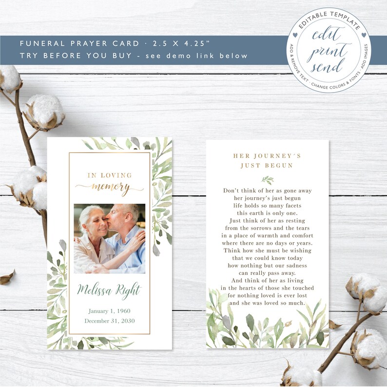 Greenery gold Memorial Card for Remembrance Funeral Prayer | Etsy
