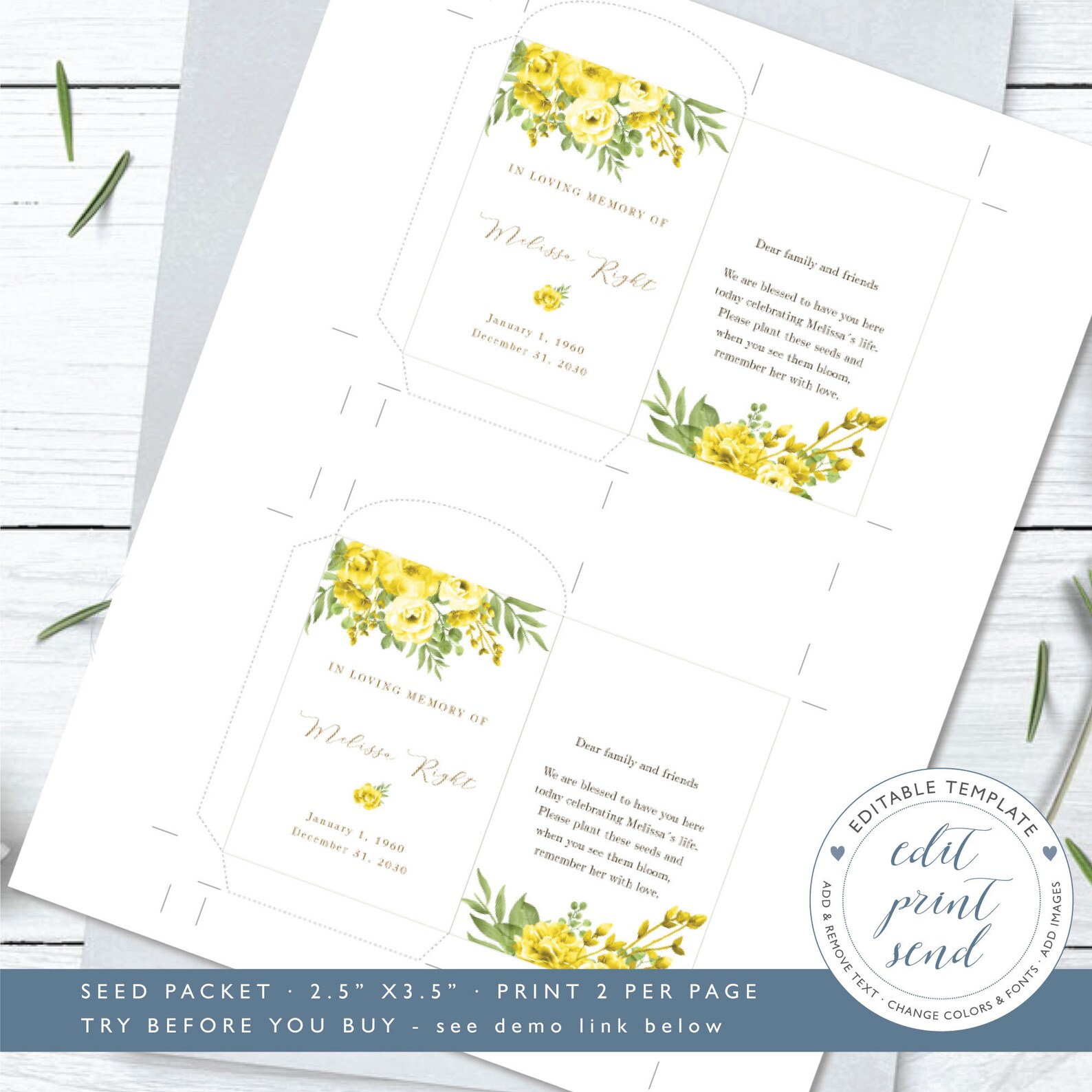 Yellow Roses Seeds Packet for Funeral Memorial Seed Packets - Etsy