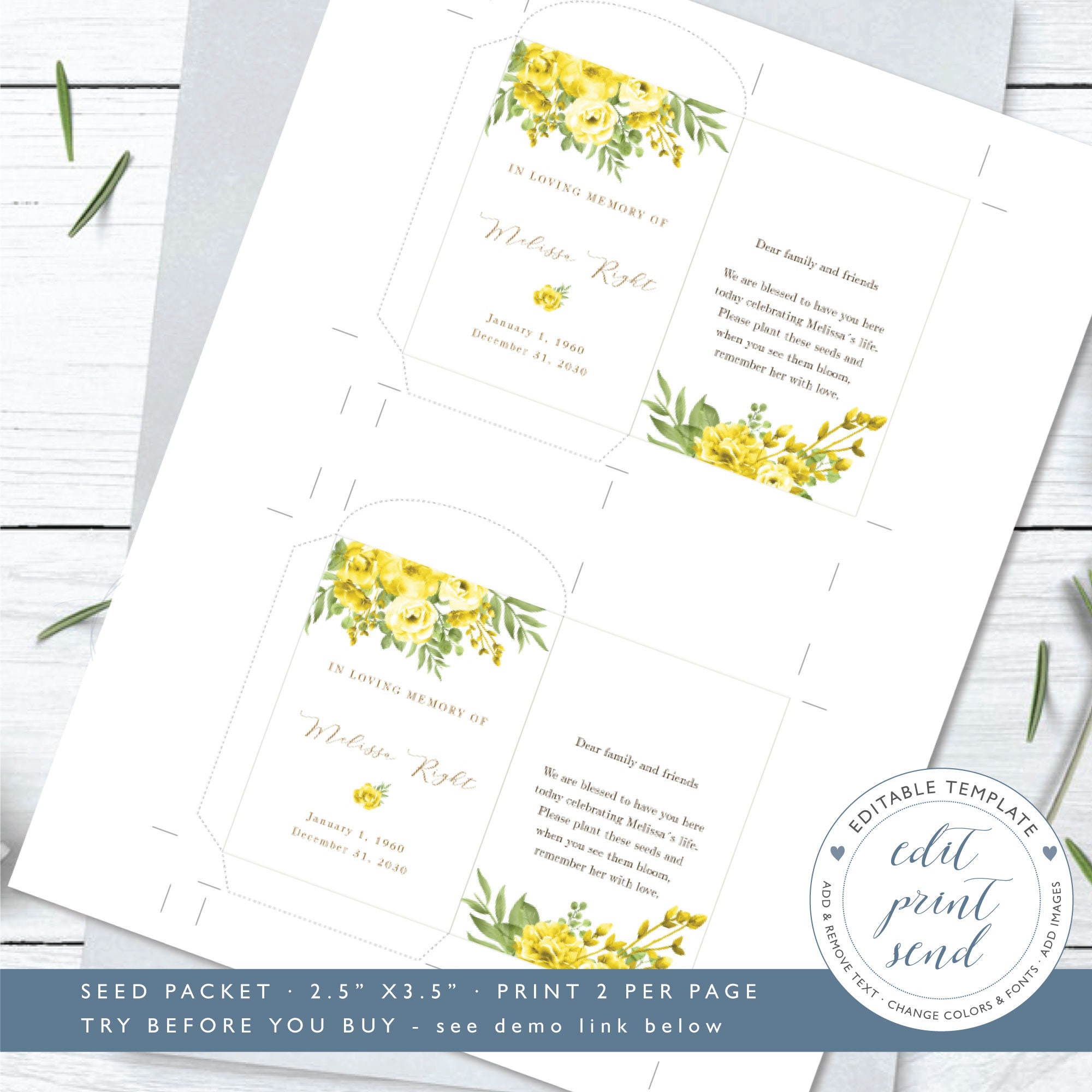 Yellow Roses Seeds Packet for Funeral Memorial Seed Packets - Etsy