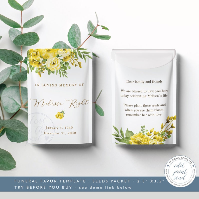 Yellow Roses Seeds Packet for Funeral Memorial Seed Packets - Etsy