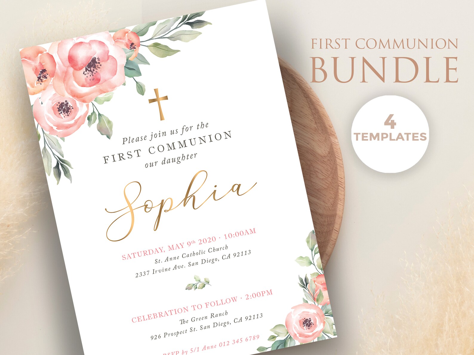 First Communion Templates Set for Girl, Holy Communion Invitation ...