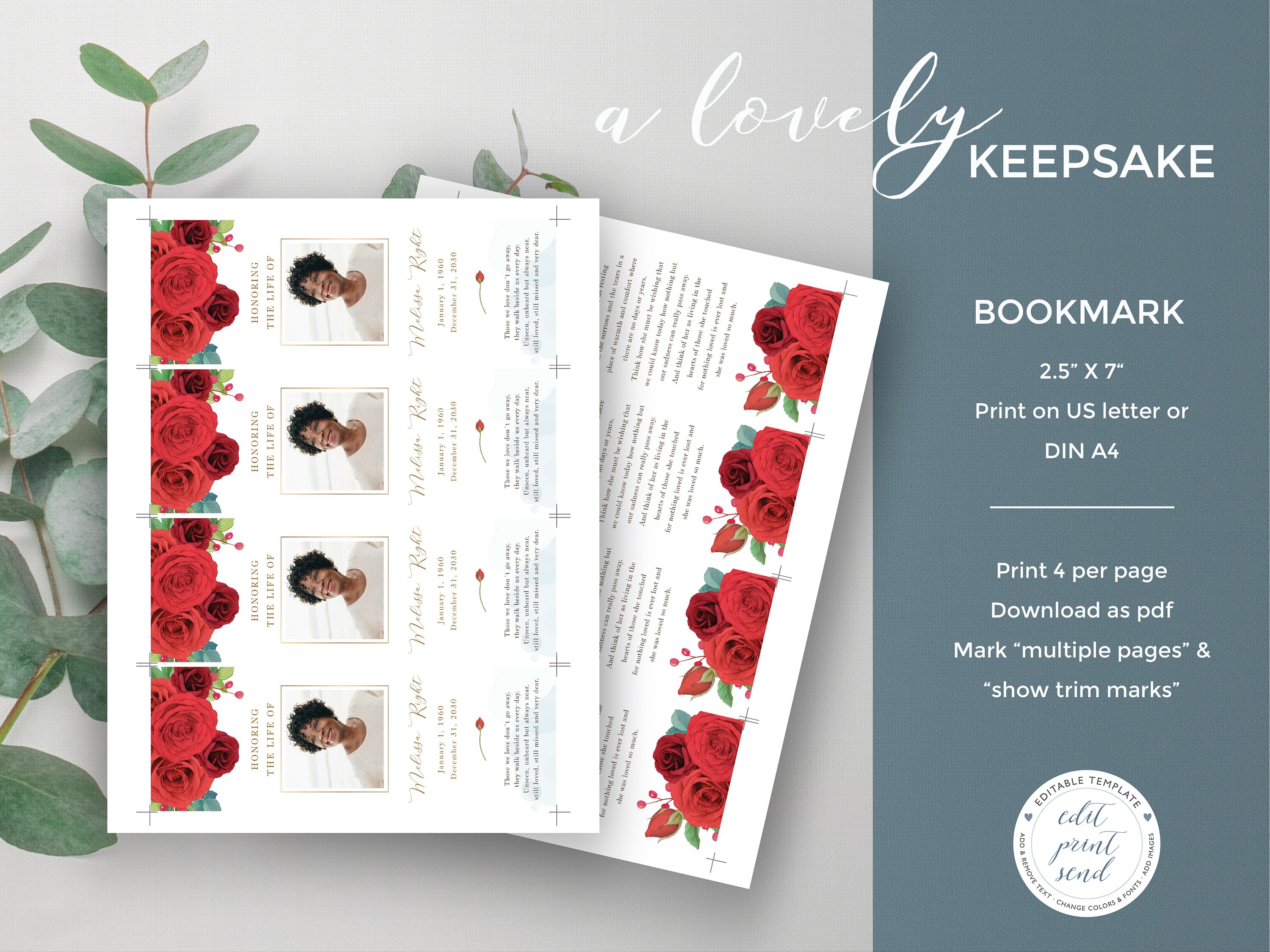 Memorial Keepsake With Red Roses Celebration of Life Floral - Etsy