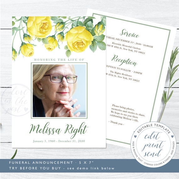 Yellow Roses Memorial Service Announcement Template - Etsy