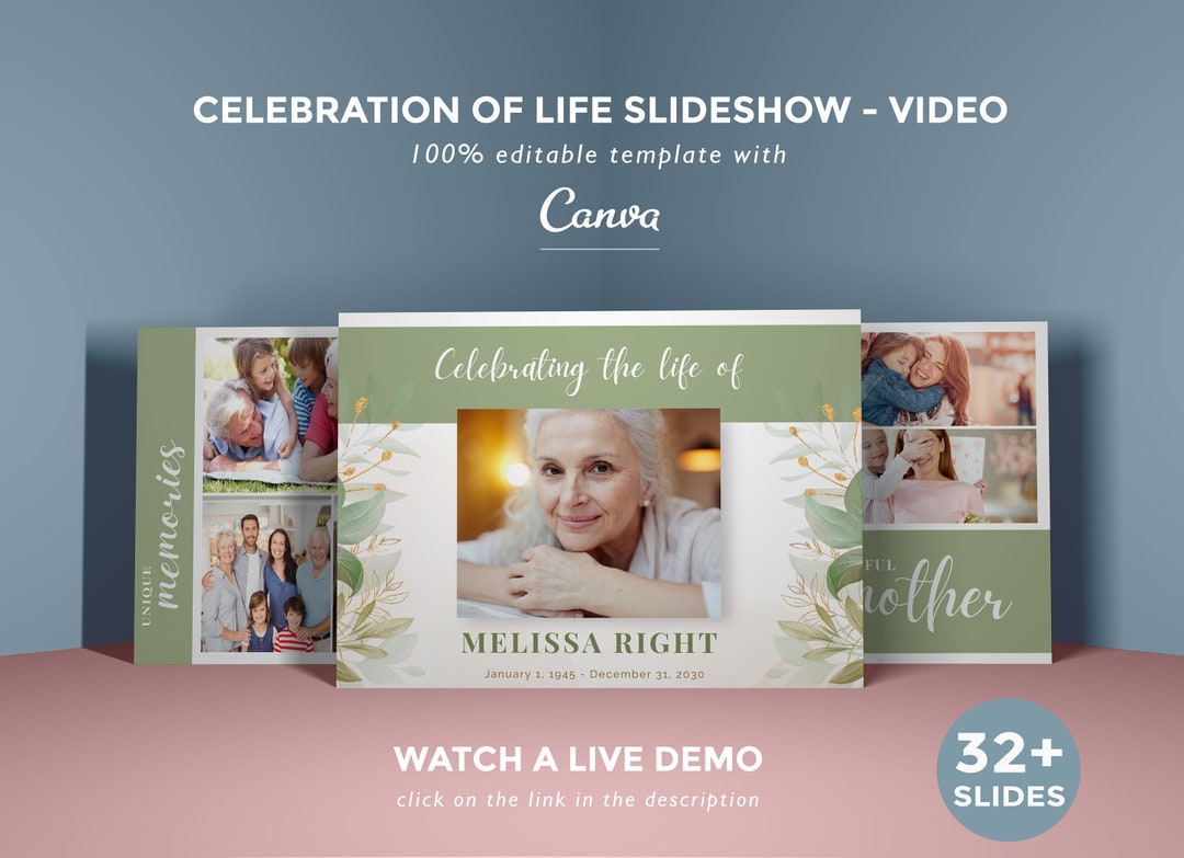 Greenery Gold Celebration of Life Slideshow for Woman, Memorial Video ...