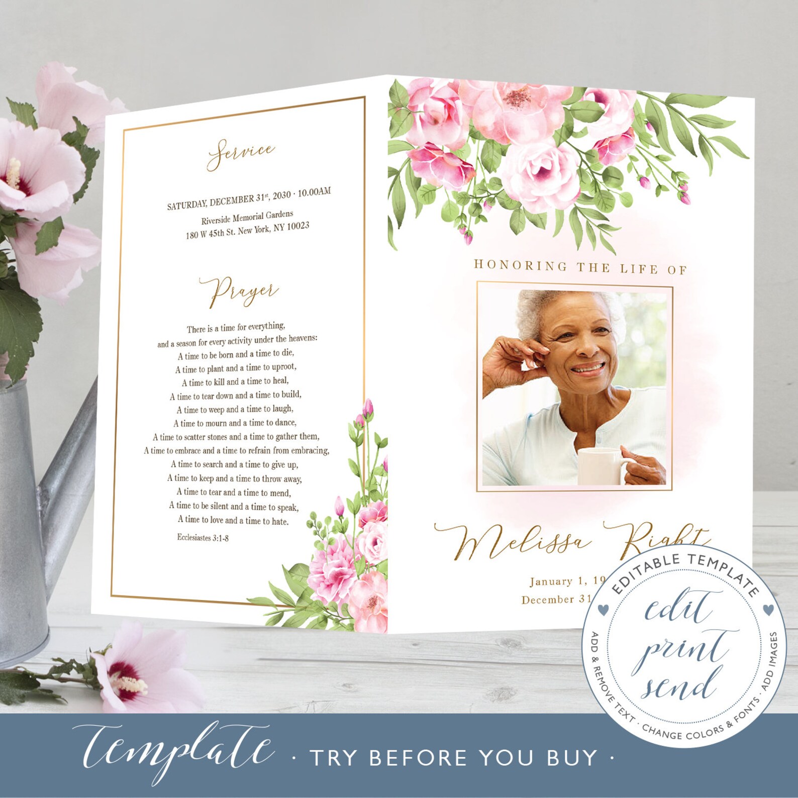 Funeral Program Template for Woman, Pink Roses Memorial Program ...
