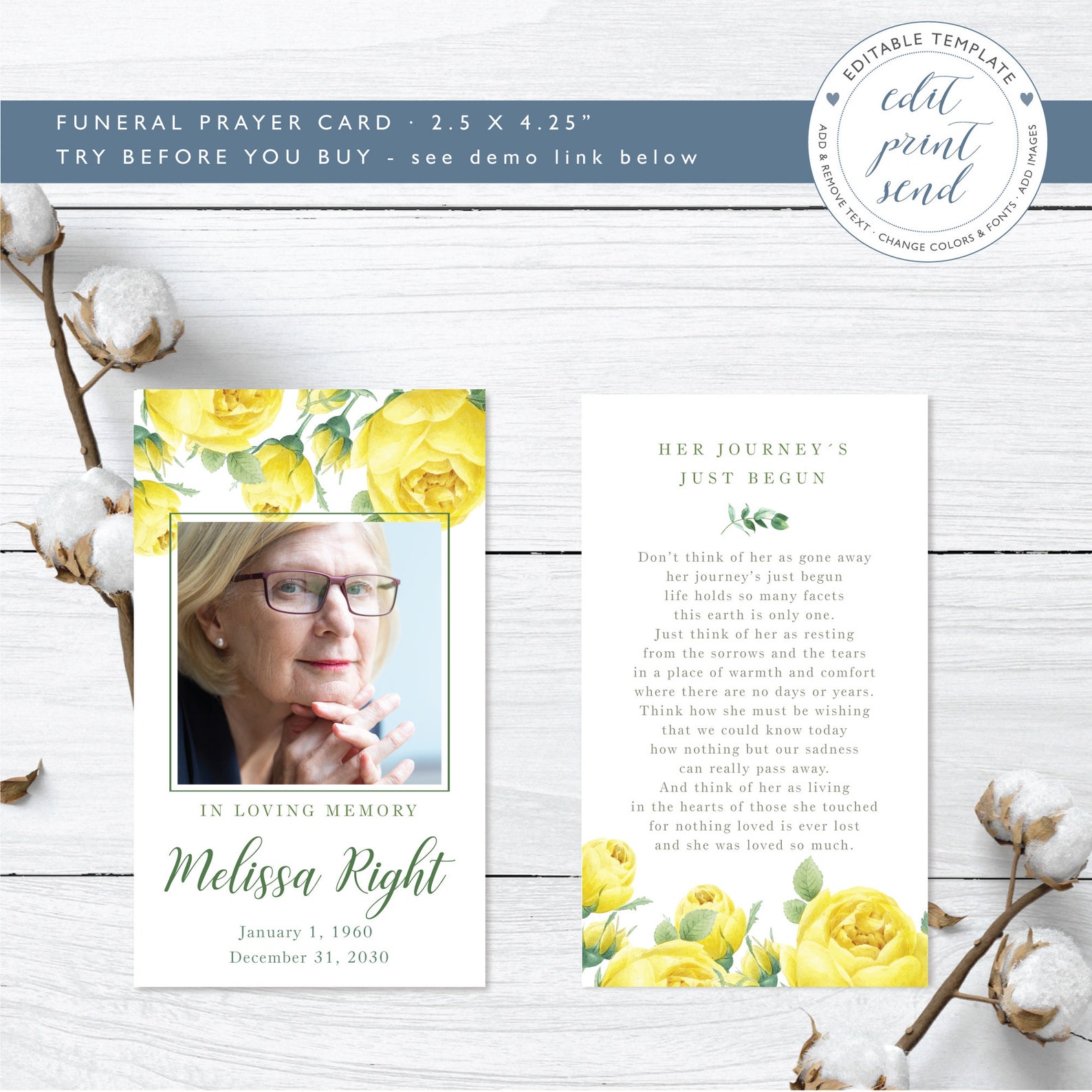 Yellow Roses Funeral Prayer Card Memorial Card for | Etsy