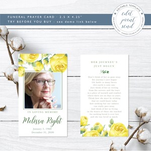 Yellow Roses Funeral Prayer Card Memorial Card for | Etsy