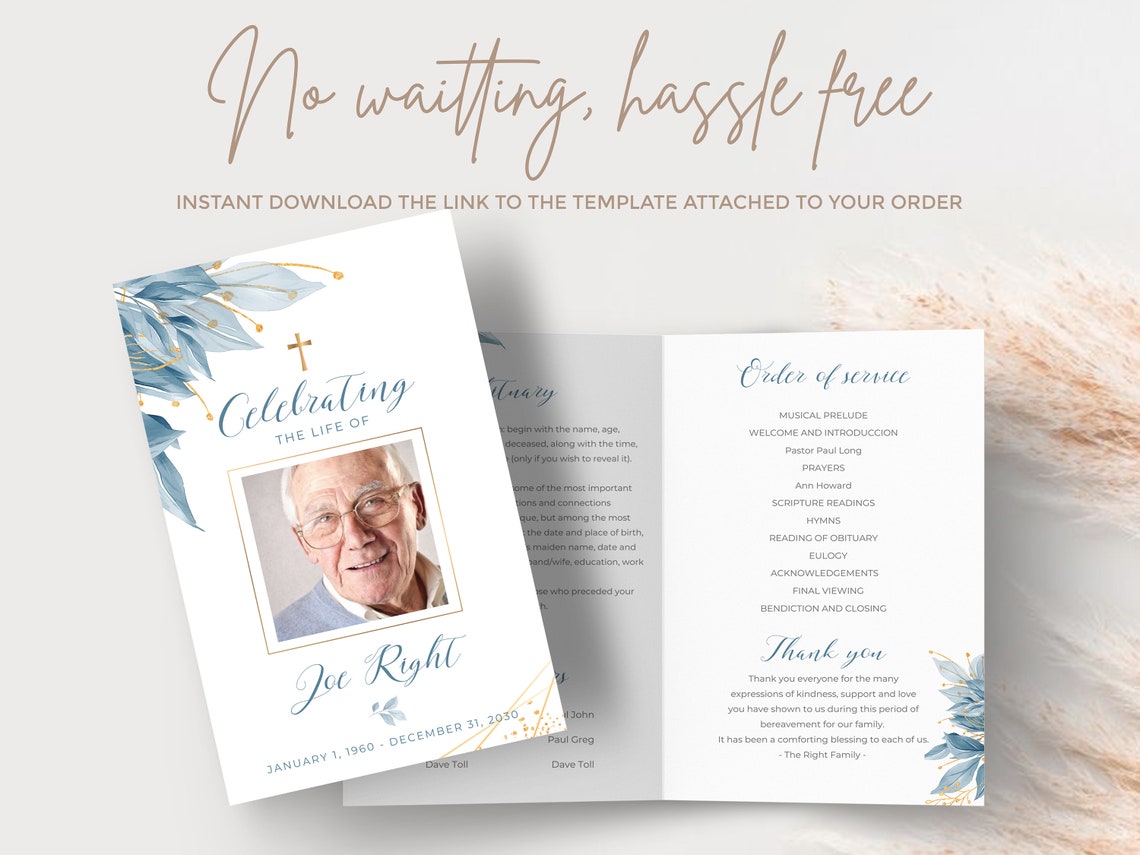 Memorial Program Template for Man, Editable Funeral 4 Pages Program ...