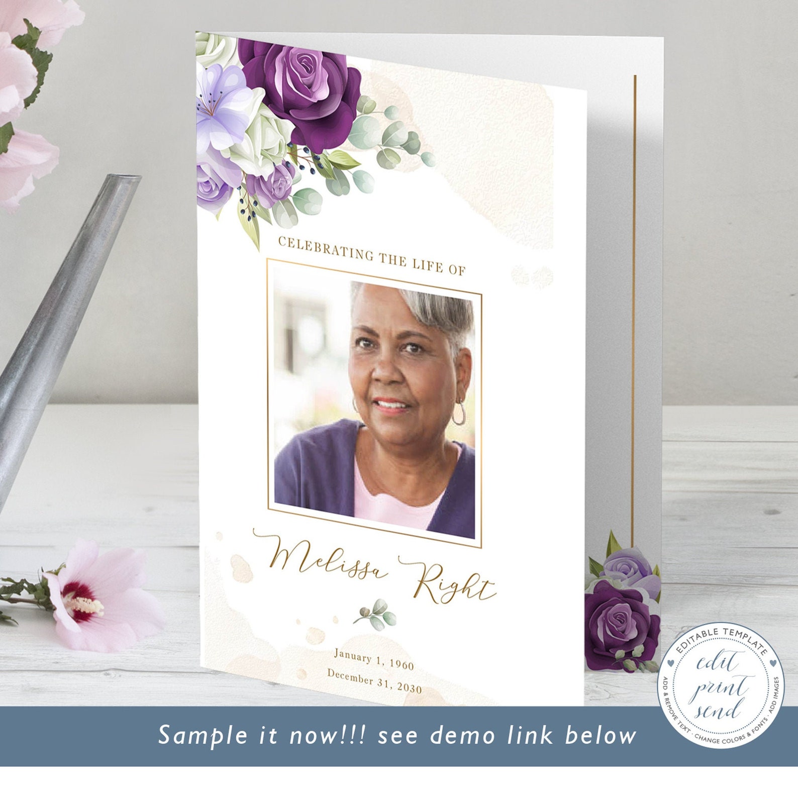 Funeral Program Template Purple Roses Memorial Program - Etsy