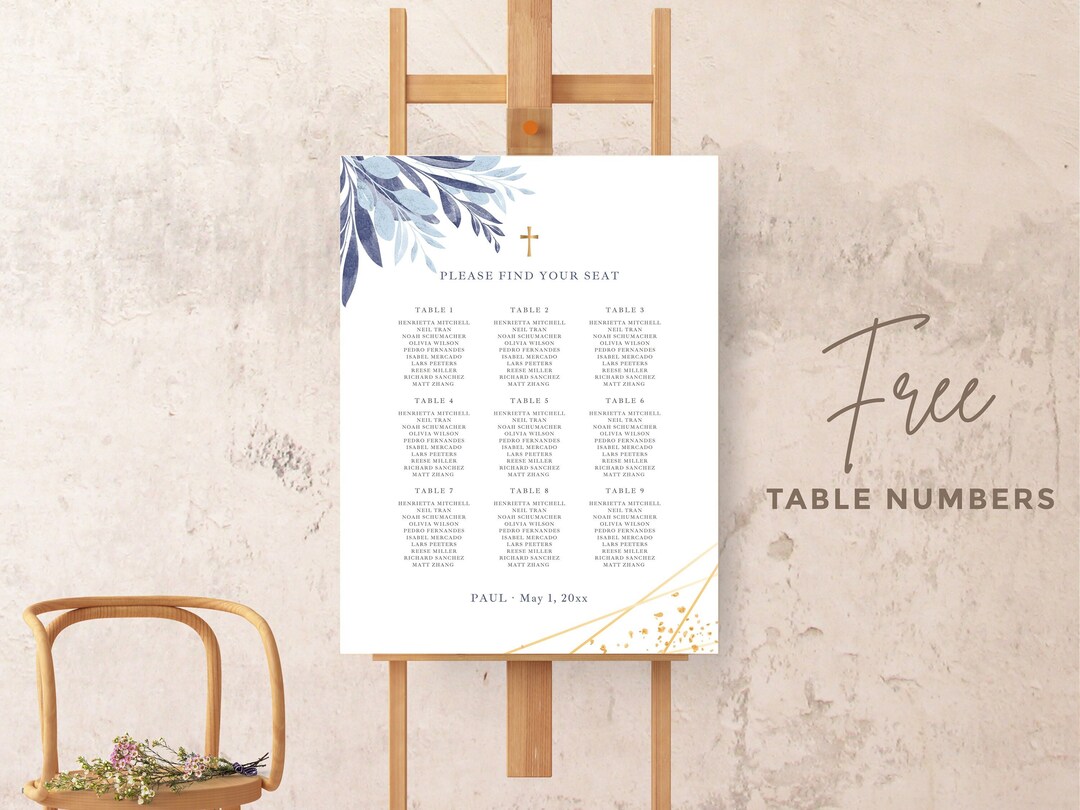 Blue First Holy Communion Seating Chart Template for Boy, Editable Seat ...