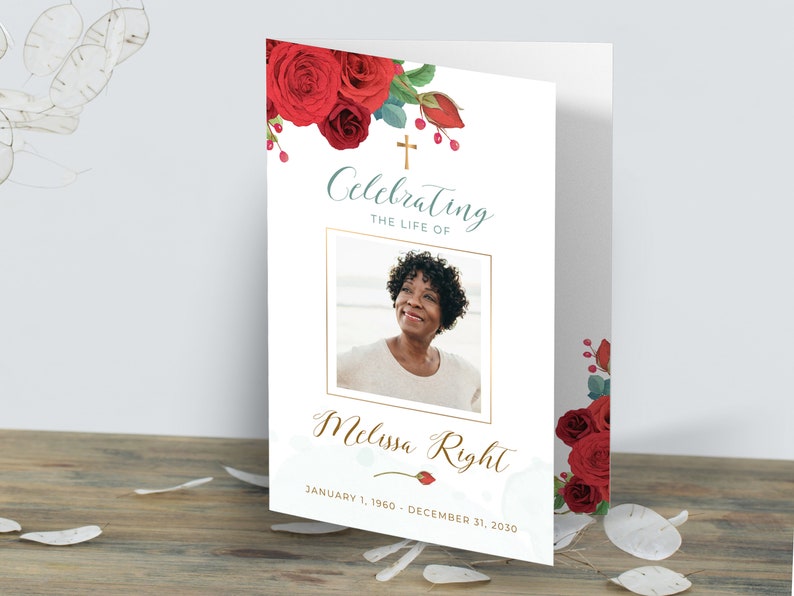 Red Roses Funeral Program Template for Woman Editable Funeral - Etsy