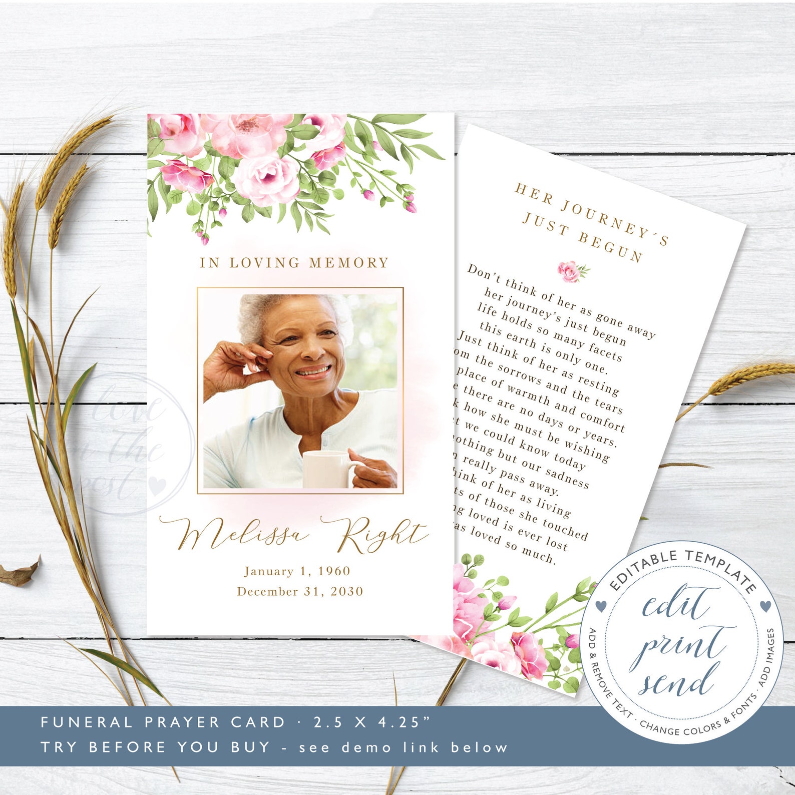 Pink Roses Funeral Prayer Card Memorial Card for Remembrance | Etsy