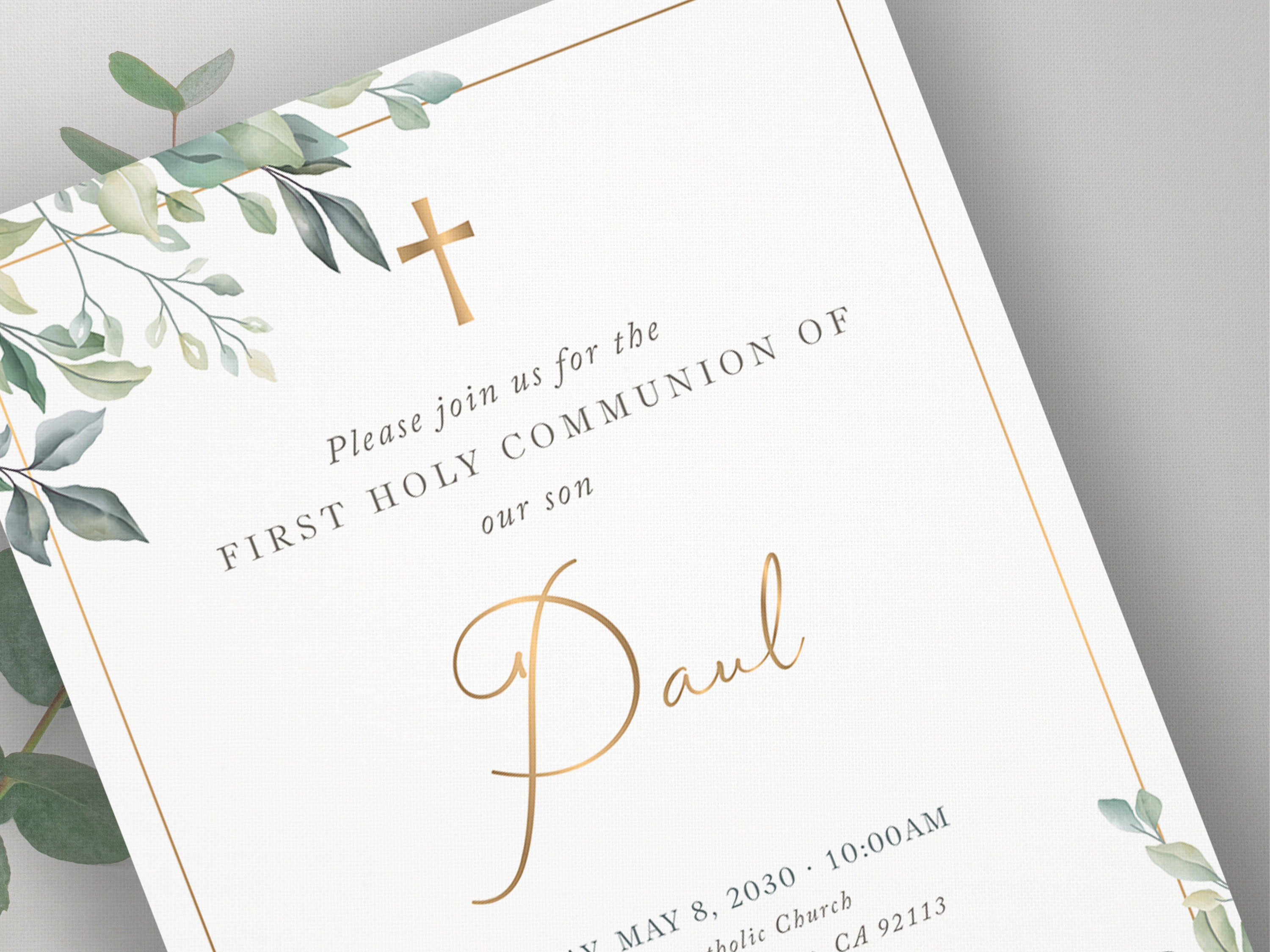 First Communion Invitation for boy with green leaves Holy | Etsy