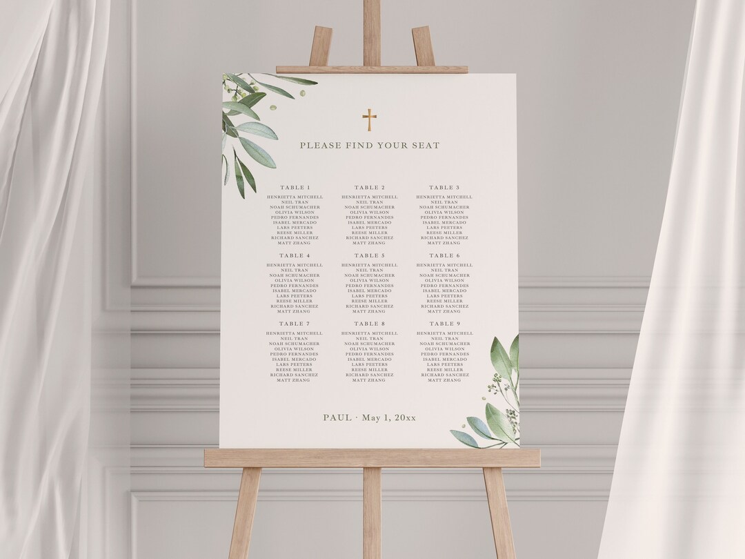 Olive First Holy Communion Seating Chart Template for Boy, Editable ...