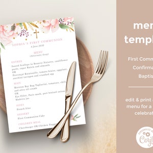 Pink and Gold First Communion Menu Template for Girl, Editable Table ...