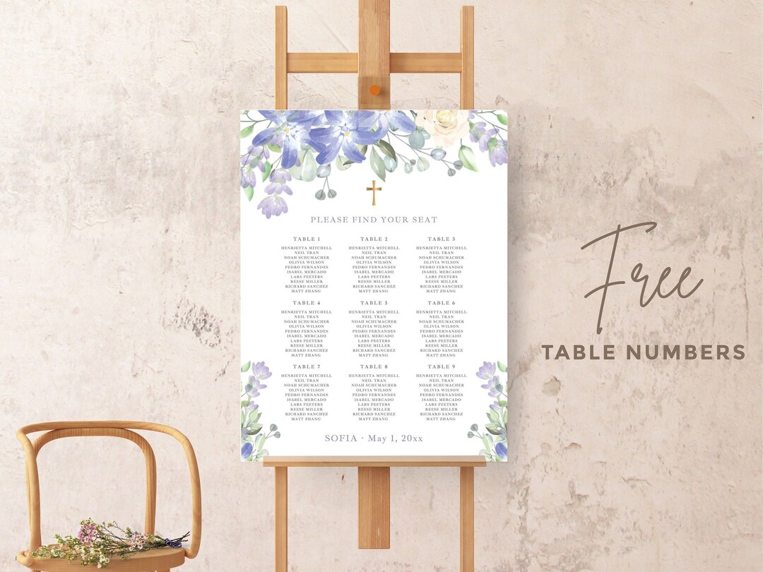 Lavender First Holy Communion Seating Chart Template, Editable Seat ...