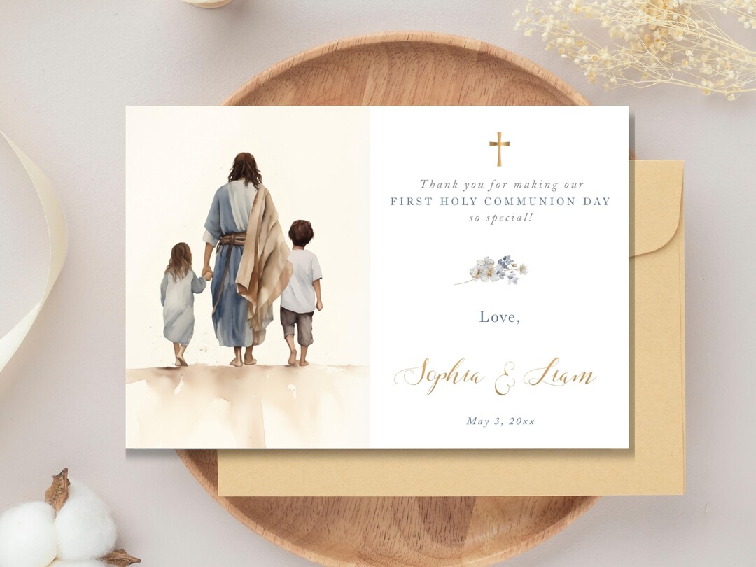 First Holy Communion Thank You Card With Twin Girls With Jesus ...