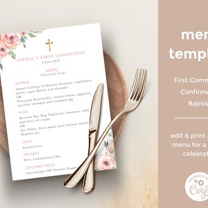Menu Card Template for First Communion With Pink Flowers, Editable ...