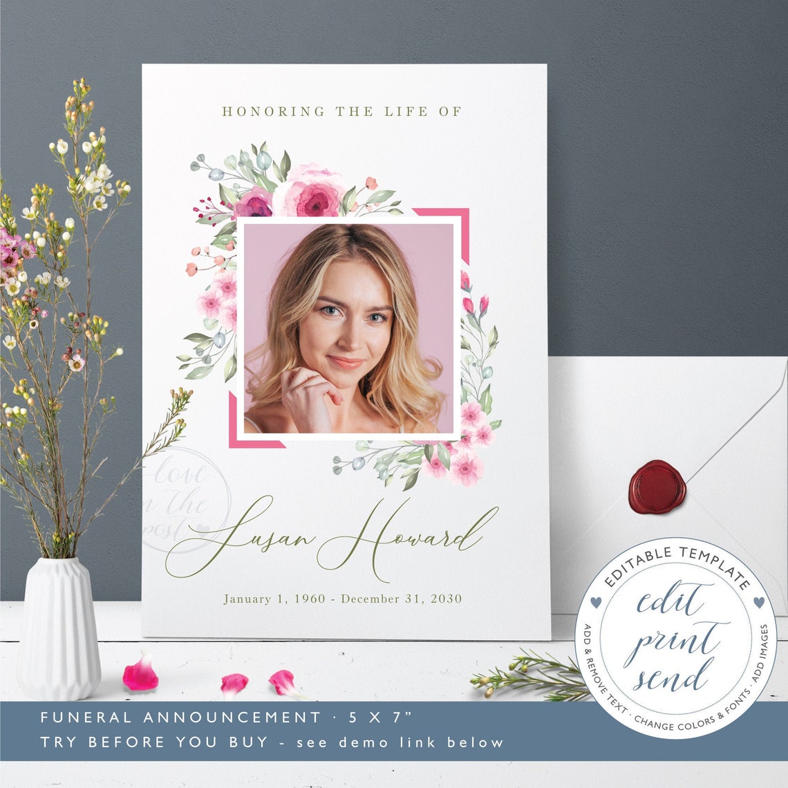 Pink Roses Printable Funeral Announcement Memorial Service | Etsy