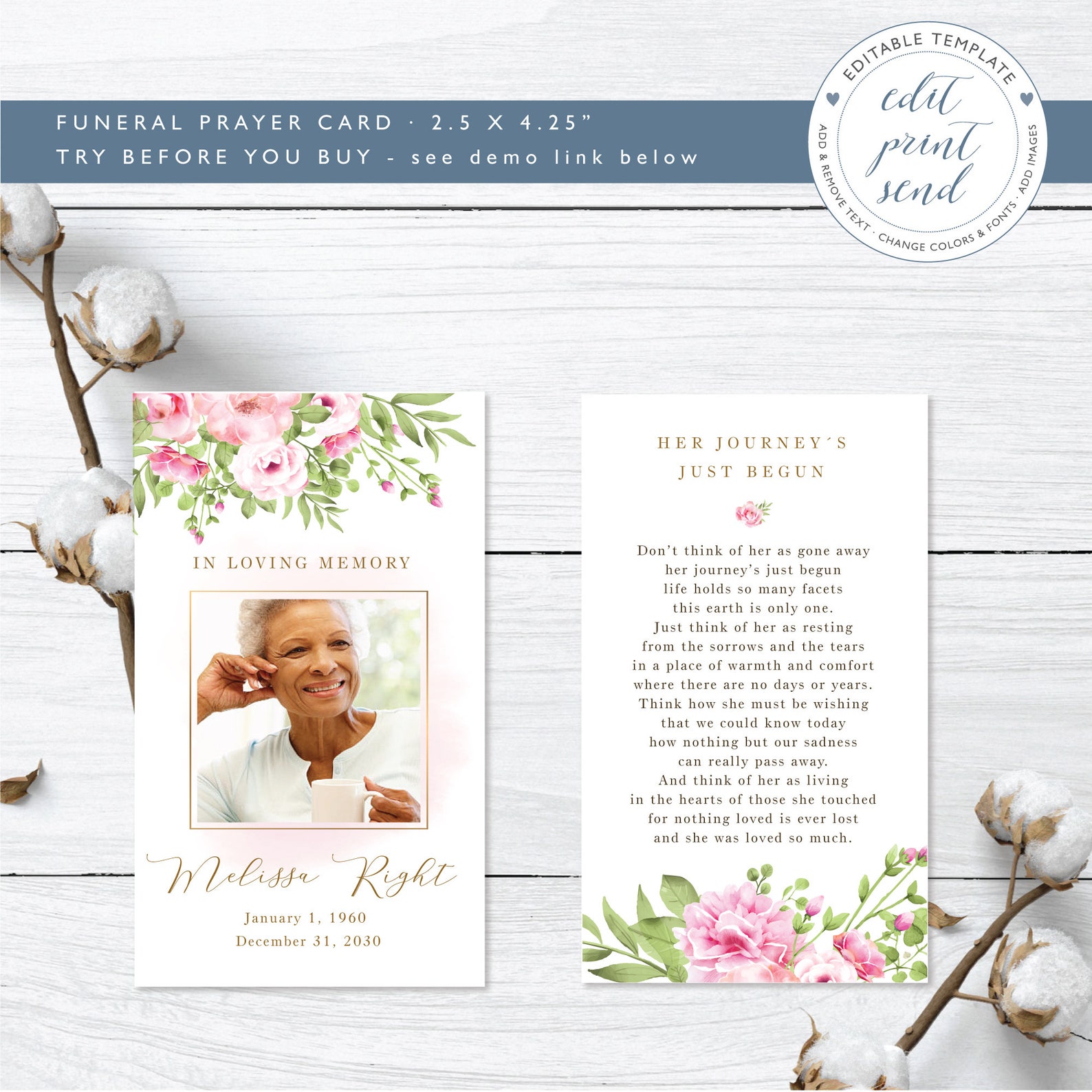 Pink Roses Funeral Prayer Card Memorial Card for Remembrance | Etsy