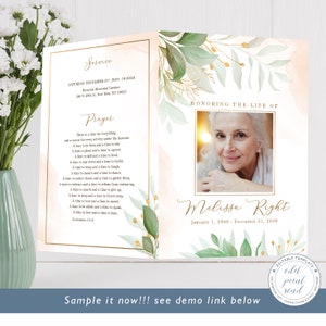 Greenery Gold Funeral Program Template for Woman, Celebration of Life ...