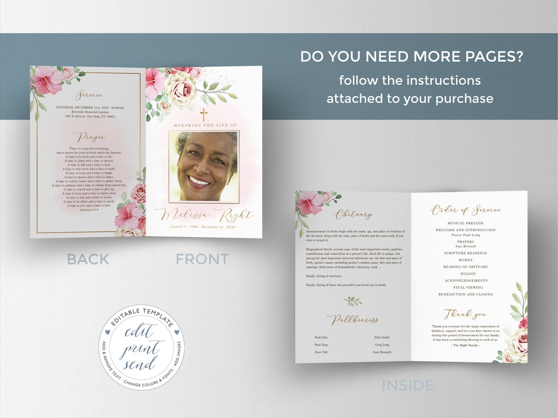 Pink Roses Watercolor Funeral Program Template Celebration of - Etsy