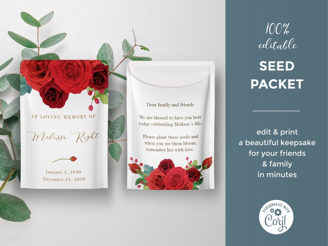 Red Roses Seed Packet for Funeral, Memorial Seed Packet Template for ...