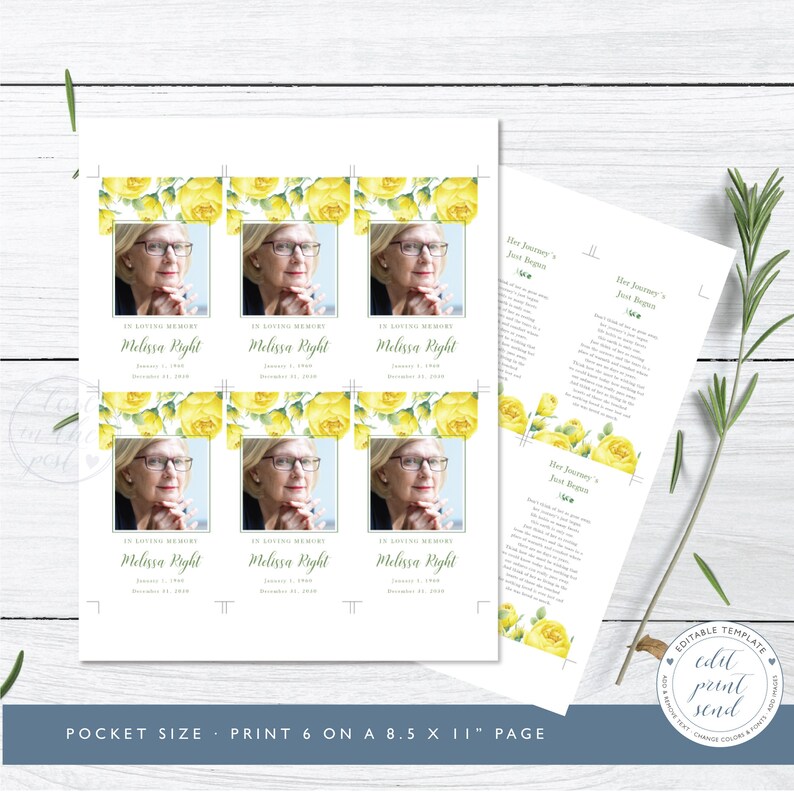Yellow Roses Funeral Prayer Card Memorial Card for | Etsy