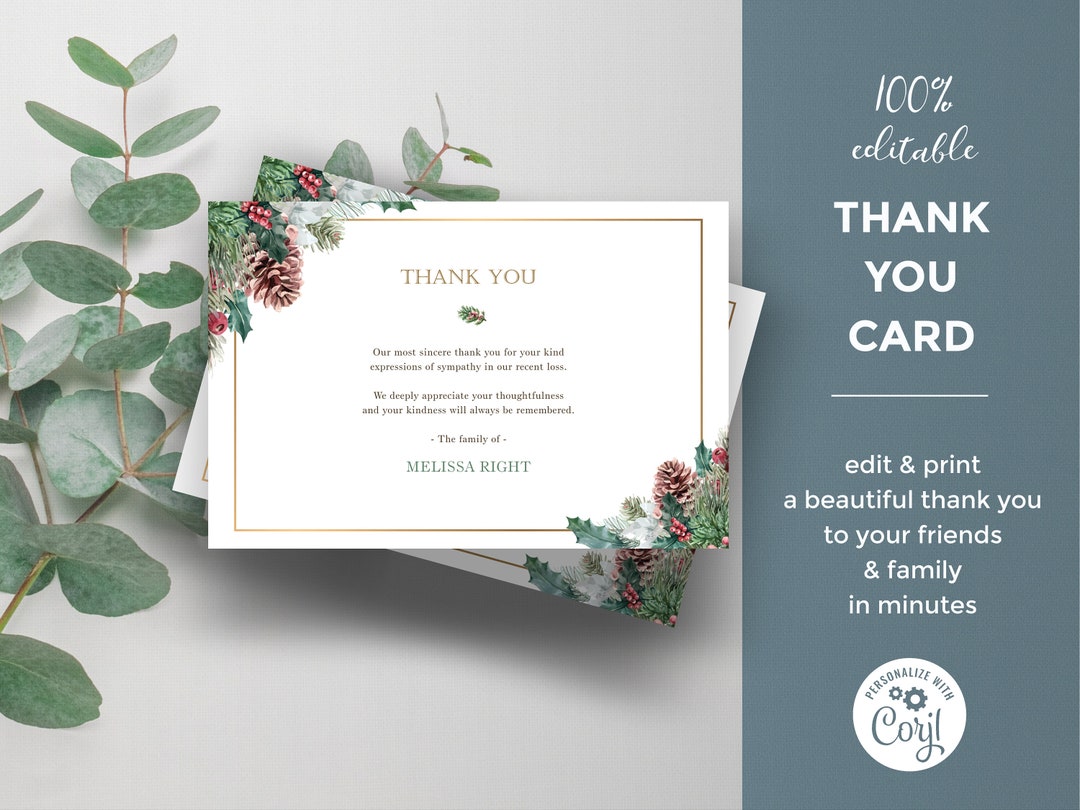Christmas Funeral Thank You Card, Memorial Service Thank You Template ...