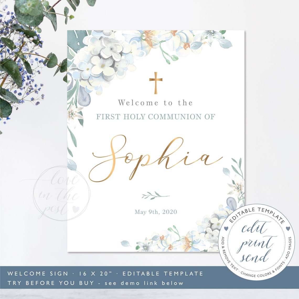 Welcome Sign Template, First Holy Communion Welcome Poster, Teal Floral ...