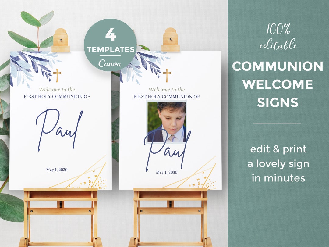 Blue Leaves Communion Welcome Sign for Boy, First Holy Communion ...