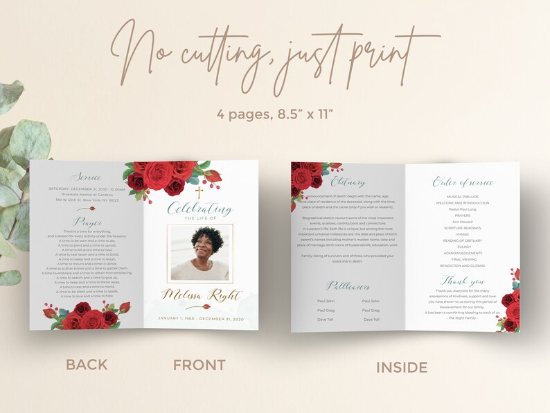 Red Roses Funeral Program Template for Woman Editable Funeral - Etsy