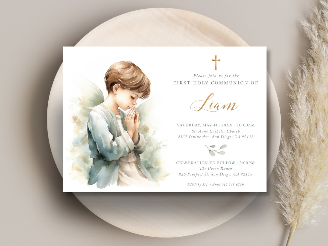 First Holy Communion Illustrated Invitation Template, Angel Boy Praying ...