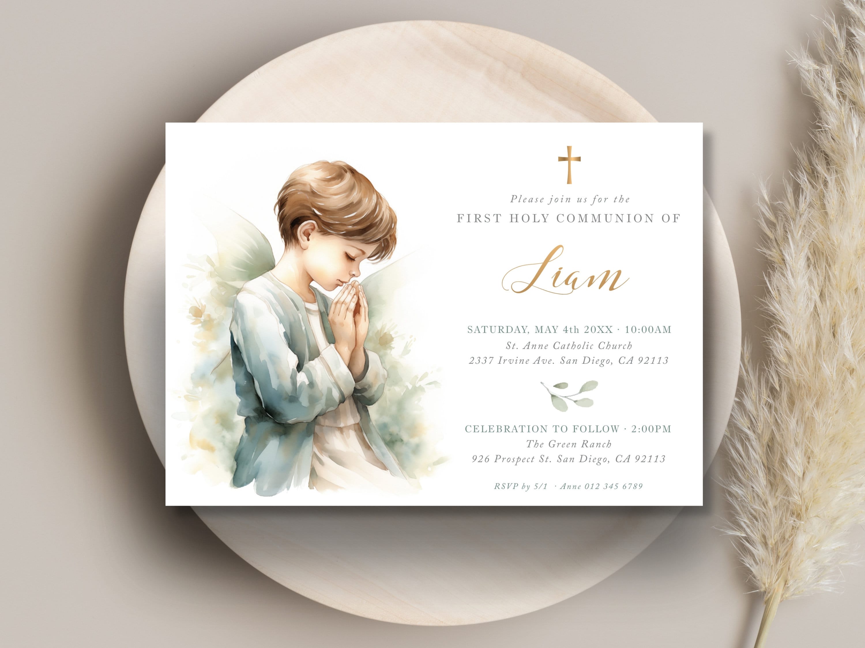 First Holy Communion Illustrated Invitation Template, Angel Boy Praying ...