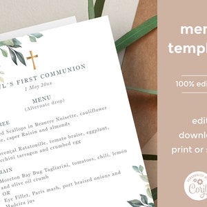 Greenery Menu Card Template for First Communion With for Boy, Editable ...
