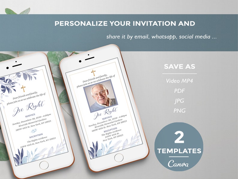 Electronic Funeral Invitation Templates for Man Blue Leaves - Etsy