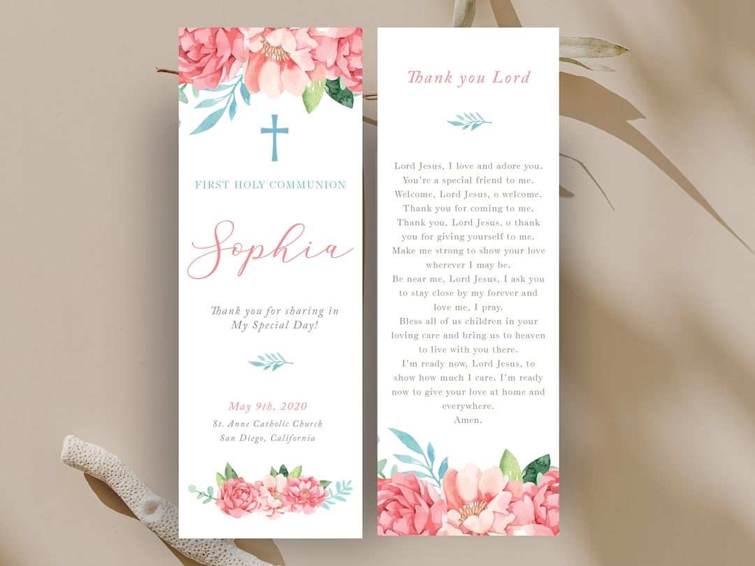 First Communion Bookmark for Girl, Pink and Blue Communion Prayer Card ...
