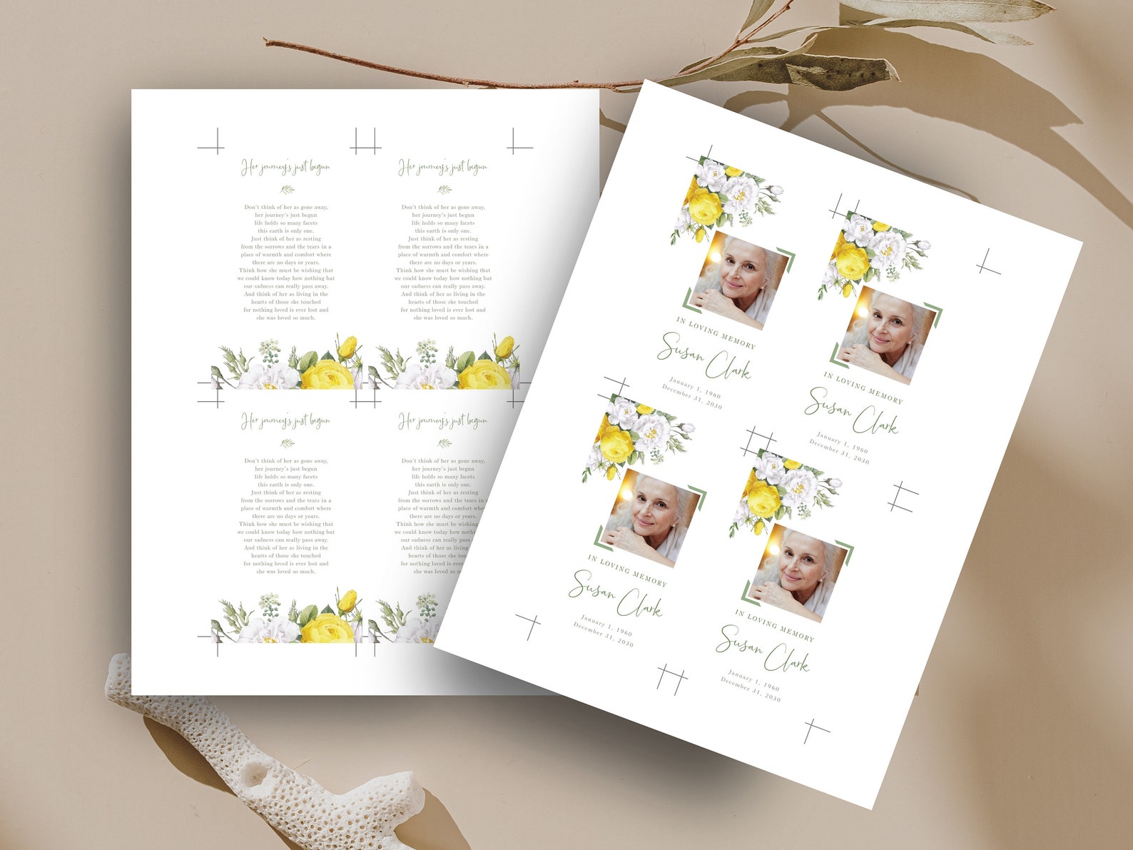 Yellow Roses Memorial Card for Remembrance, Funeral Prayer Card ...