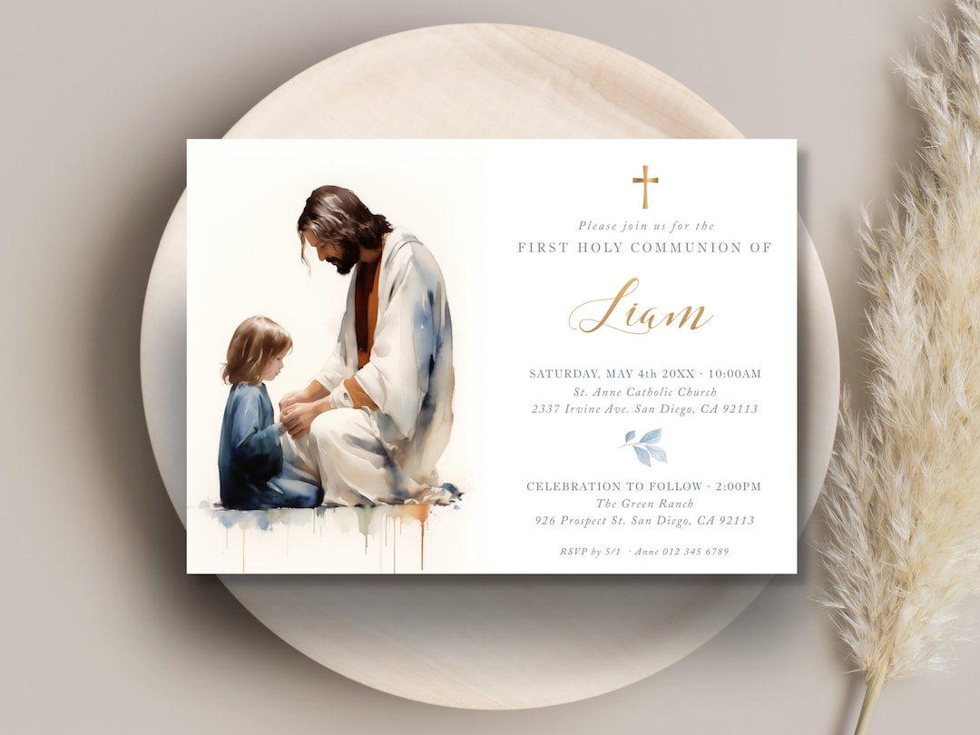 Boy First Holy Communion Invitation, Jesus Christ and Boy Illustration ...