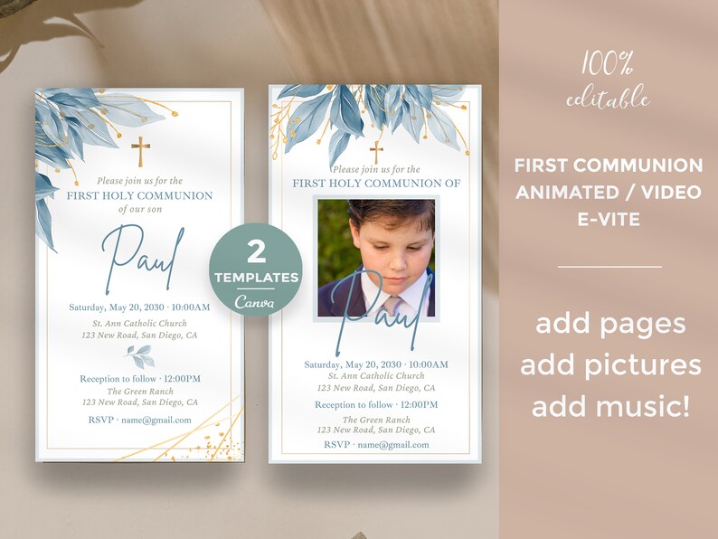 Digital First Communion Invitation Template for Boy, Animated ...