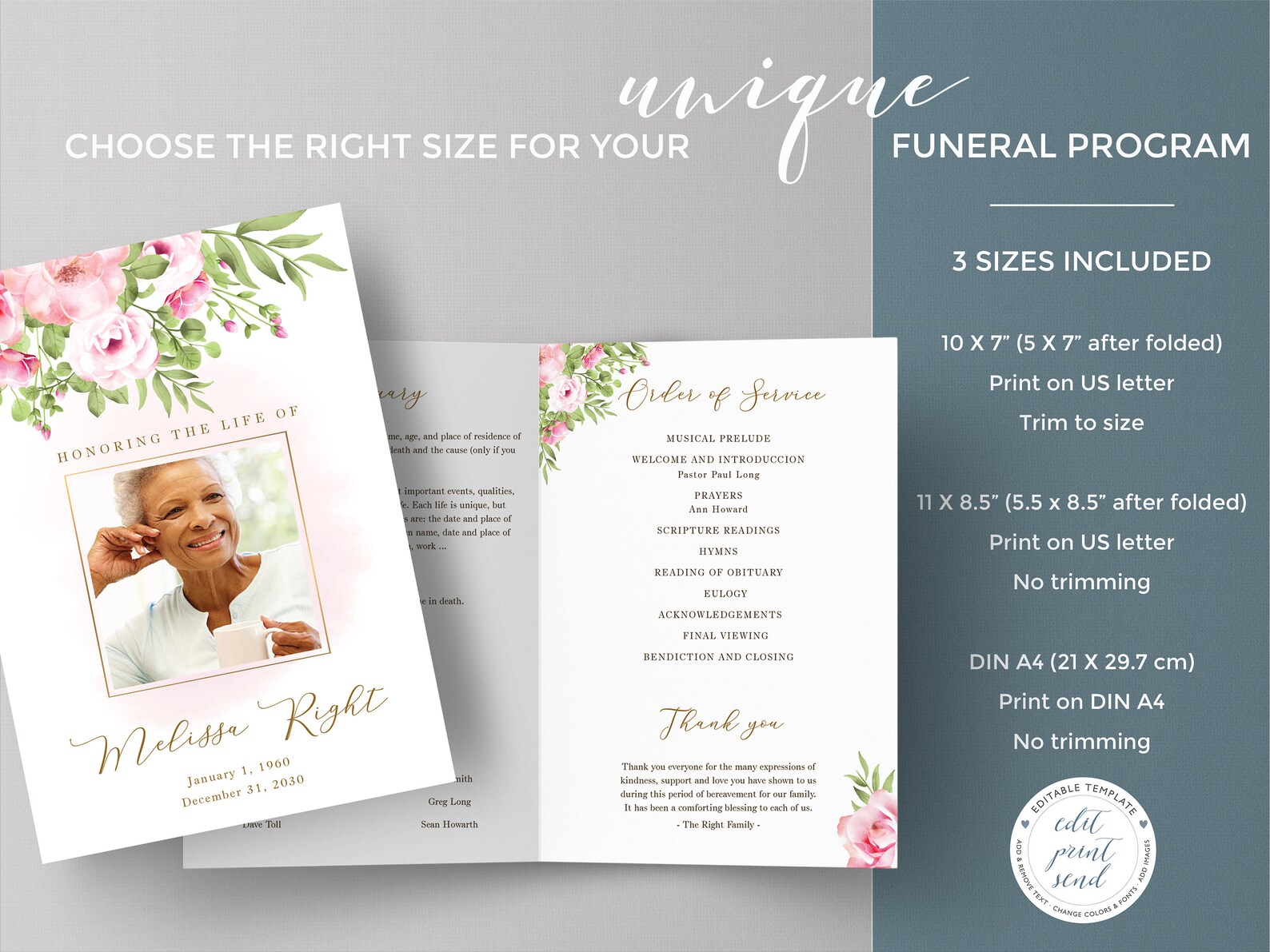 Pink Roses Funeral Program Template Celebration of Life | Etsy