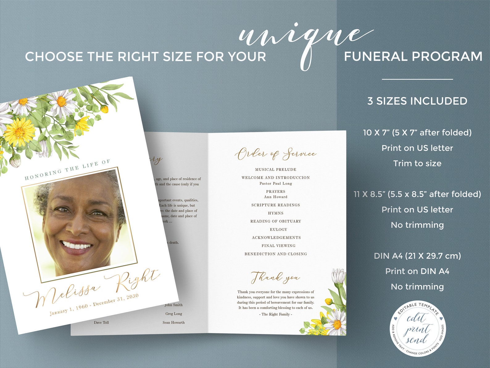 Funeral Program Template With Daisies, Celebration of Life Floral ...
