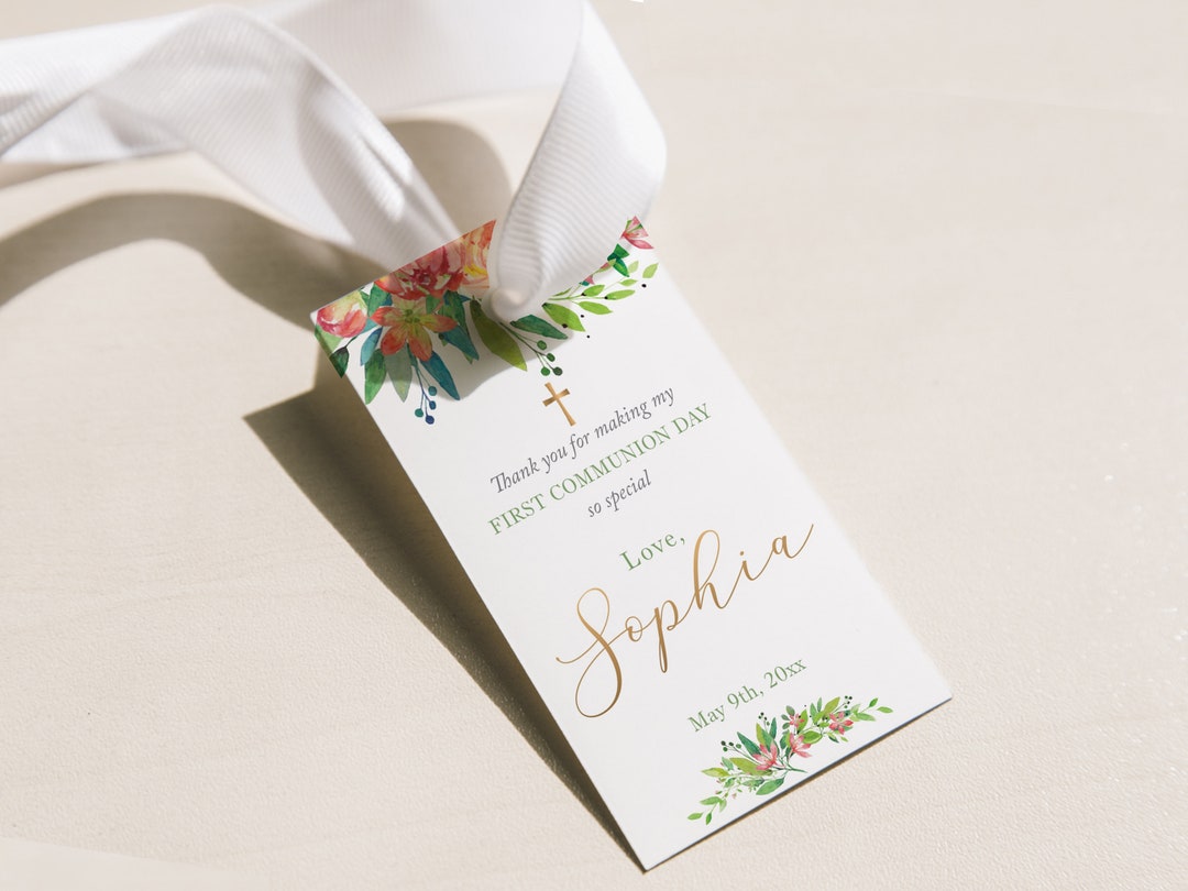 Colorful Floral First Communion Favor Tag, Editable Gift Tag for First ...