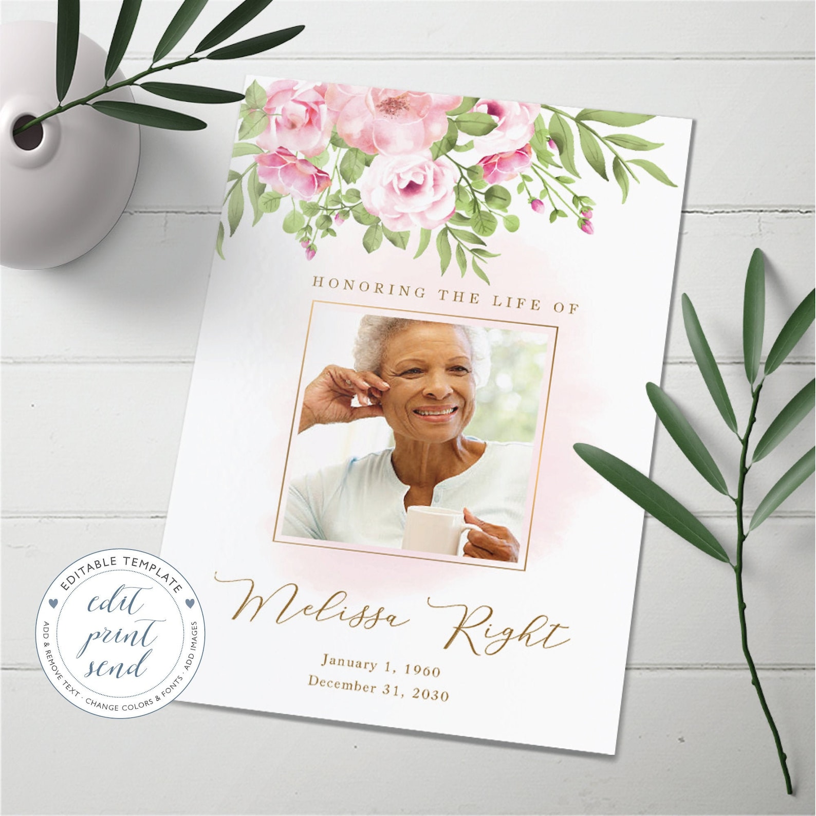 Funeral Program Template for Woman Pink Roses Memorial - Etsy