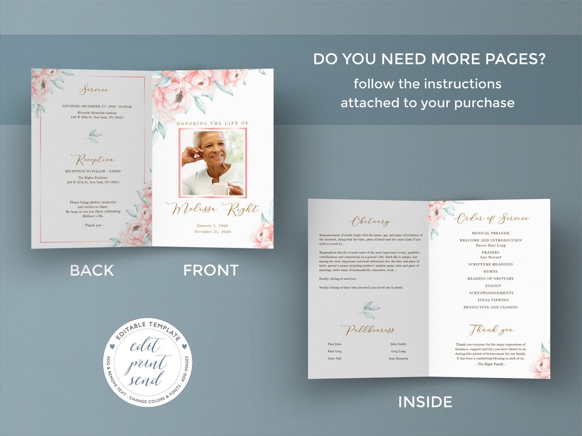 Delicate Roses Funeral Program Template Celebration of Life - Etsy