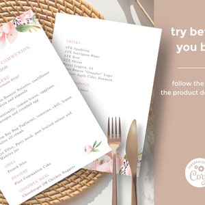 Pink and Gold First Communion Menu Template for Girl, Editable Table ...