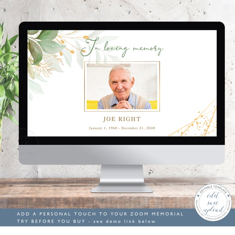Greenery Gold ZOOM Funeral Background for Man Template for | Etsy