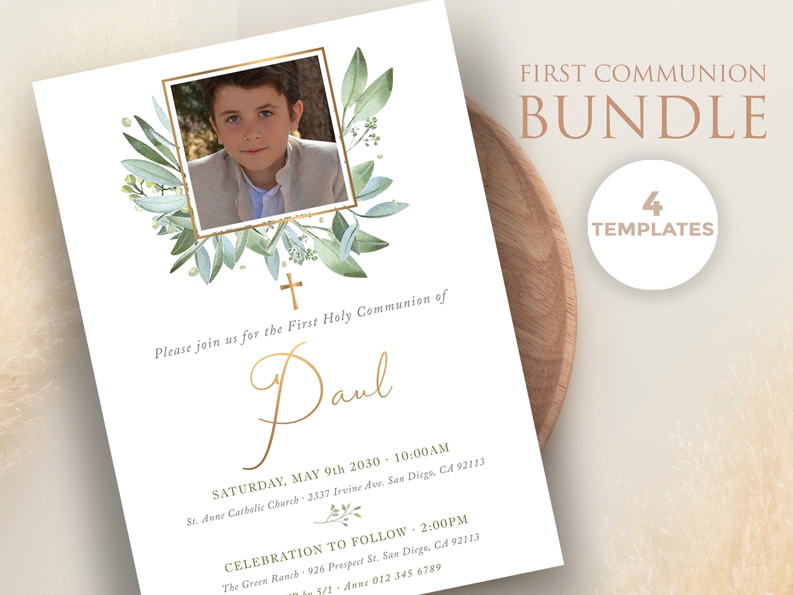 Boy First Communion Photo Invitation With Olive Branches Holy | Etsy