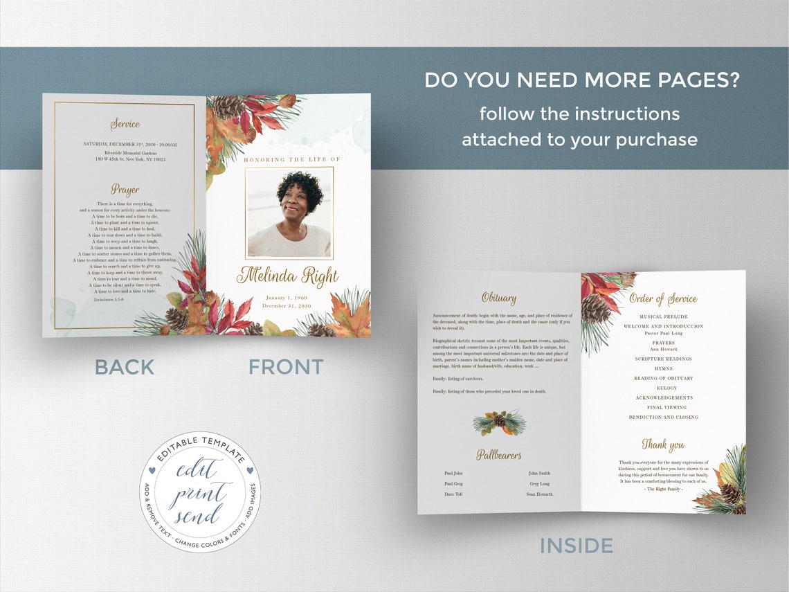 Fall Funeral Program Template Celebration of Life Floral - Etsy