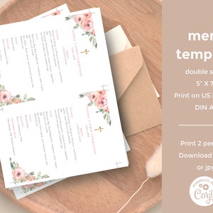 Menu Card Template for First Communion With Pink Flowers, Editable ...